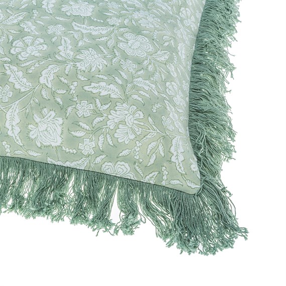 Block Print Fringed Cushion Cover Green