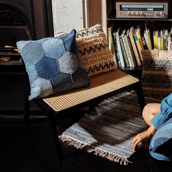 Denim Hexagon Patchwork Blue Cushion